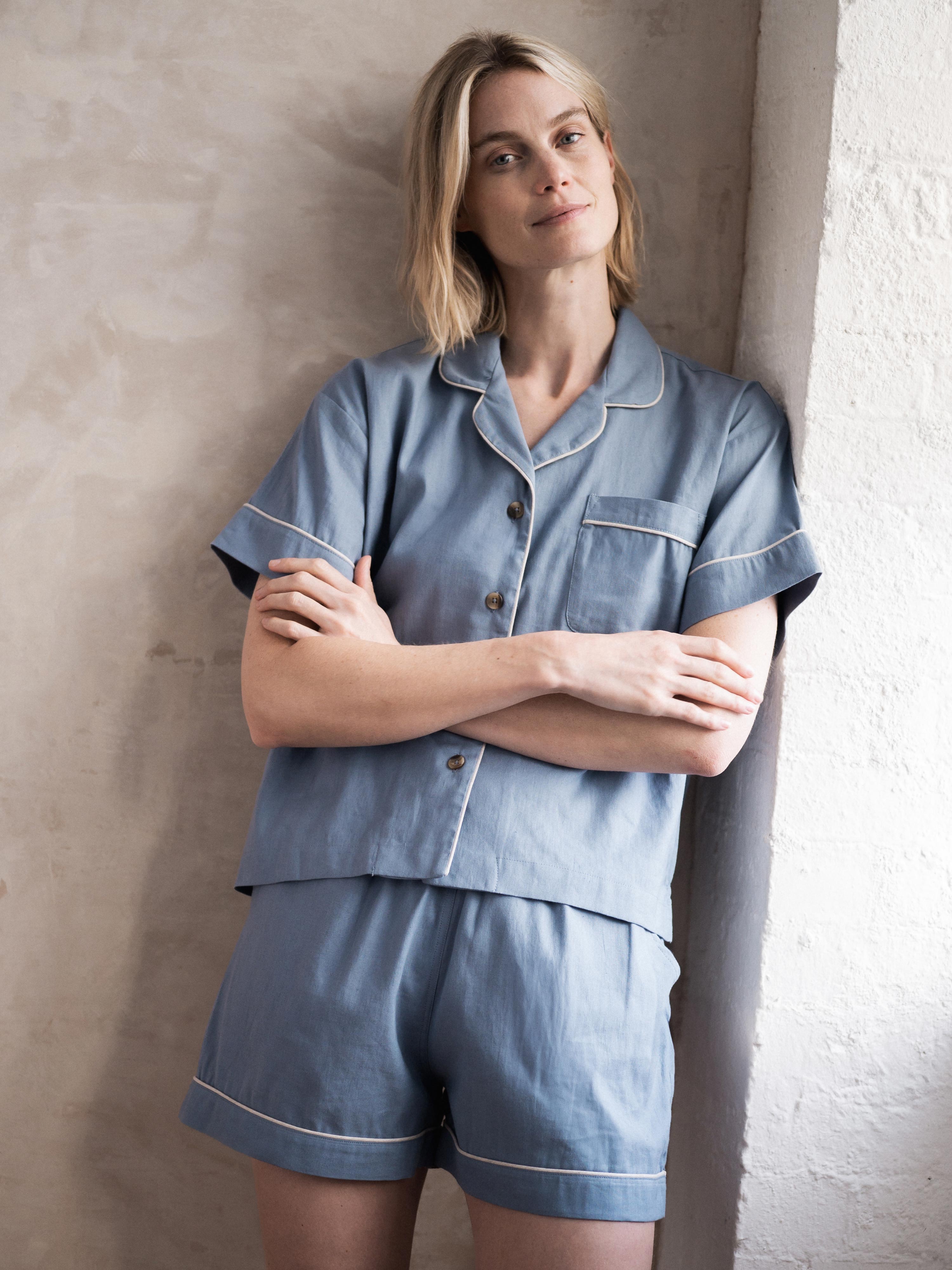 Dusk Blue Linen Blend Pyjama Short Set | Piglet in Bed UK