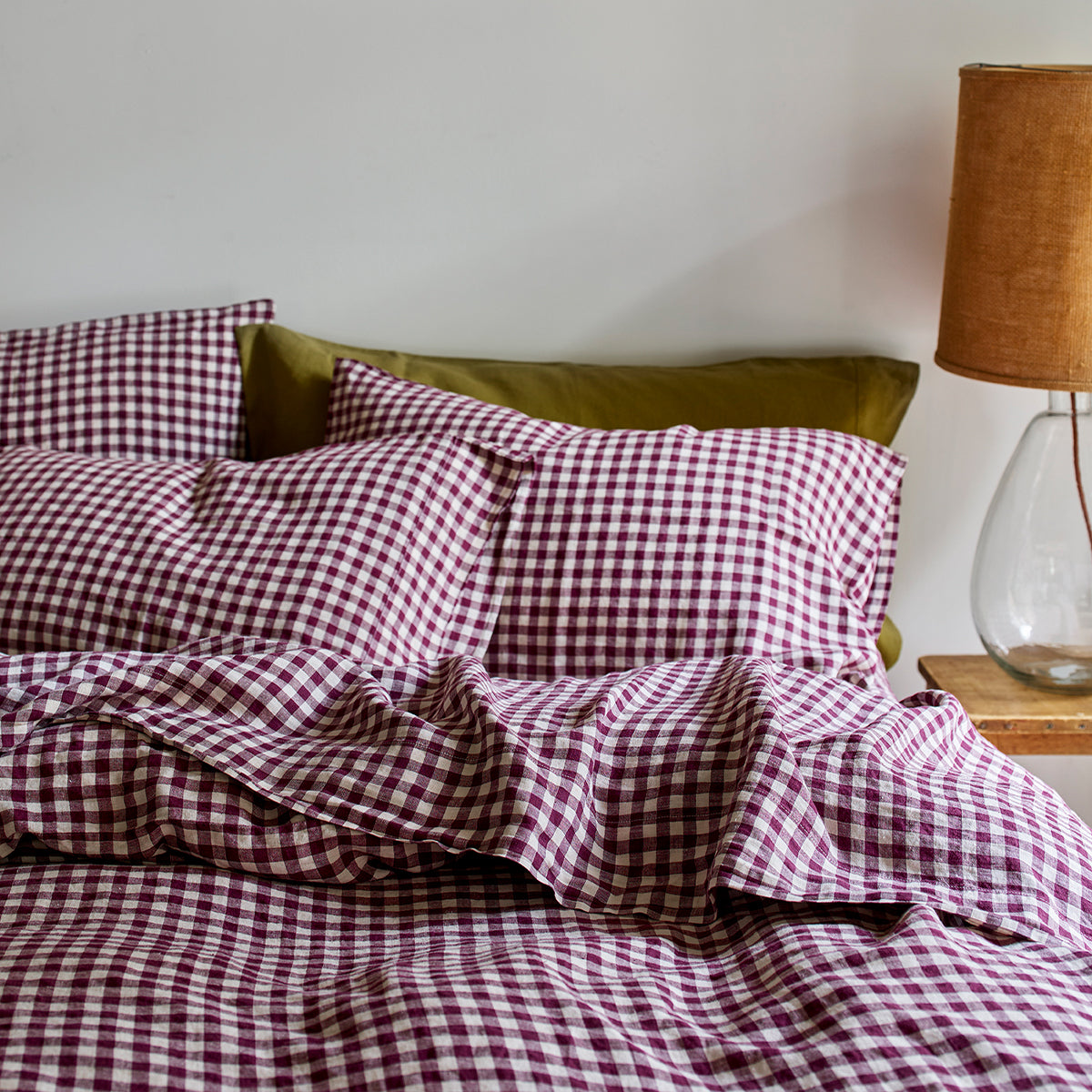 Berry Gingham Linen Blend Duvet Cover | Piglet in Bed UK