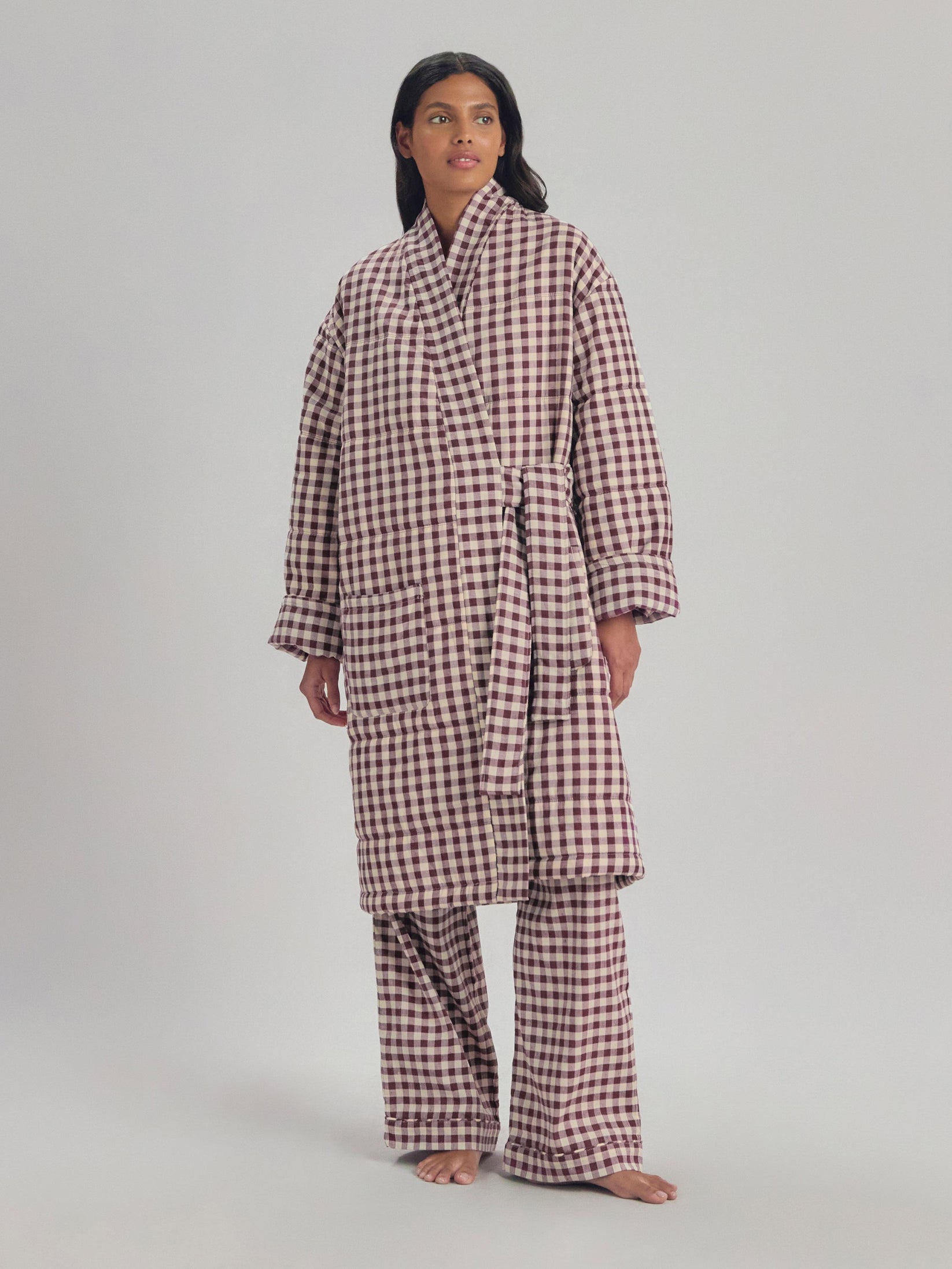 Berry Gingham Linen Blend Housecoat | Piglet in Bed UK