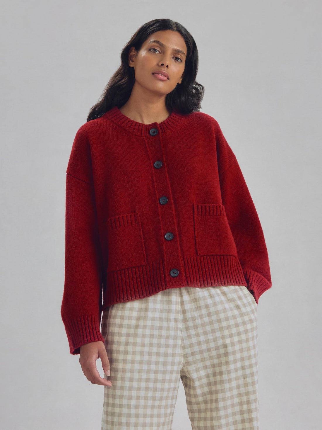 Red Crew Neck Wool Cardigan | Piglet in Bed UK