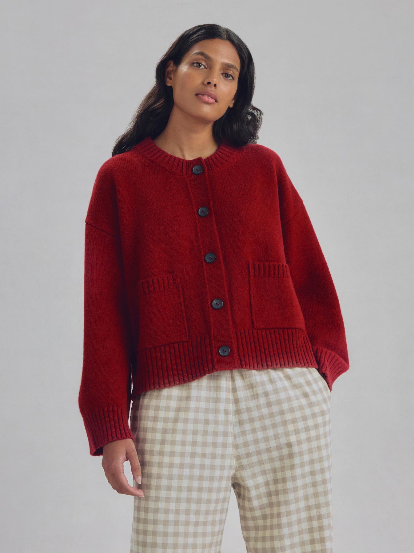 Red Crew Neck Wool Cardigan | Piglet in Bed UK