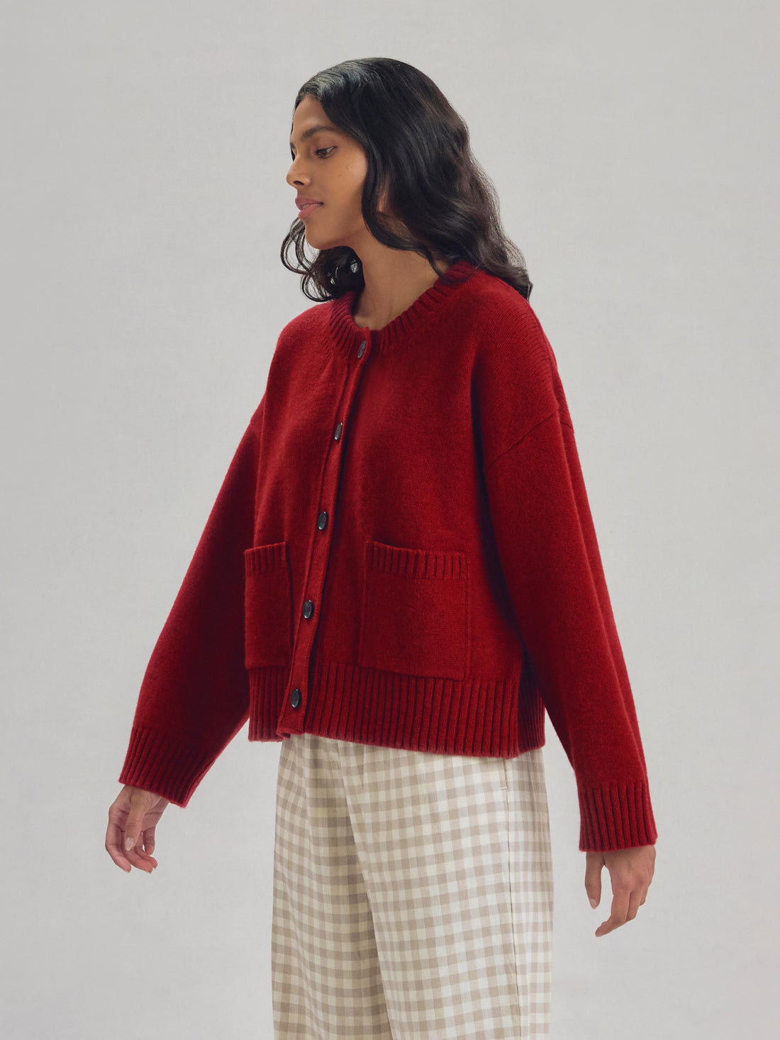 Red Crew Neck Wool Cardigan | Piglet in Bed UK