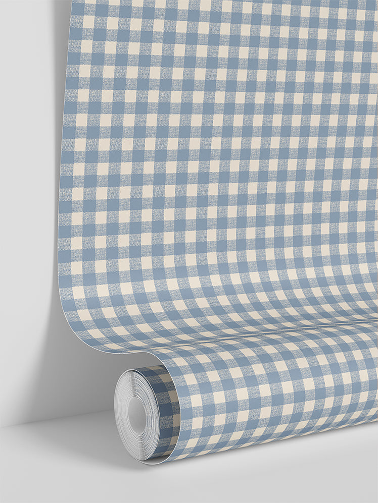 Dusty Blue Gingham Wallpaper | Piglet in Bed UK