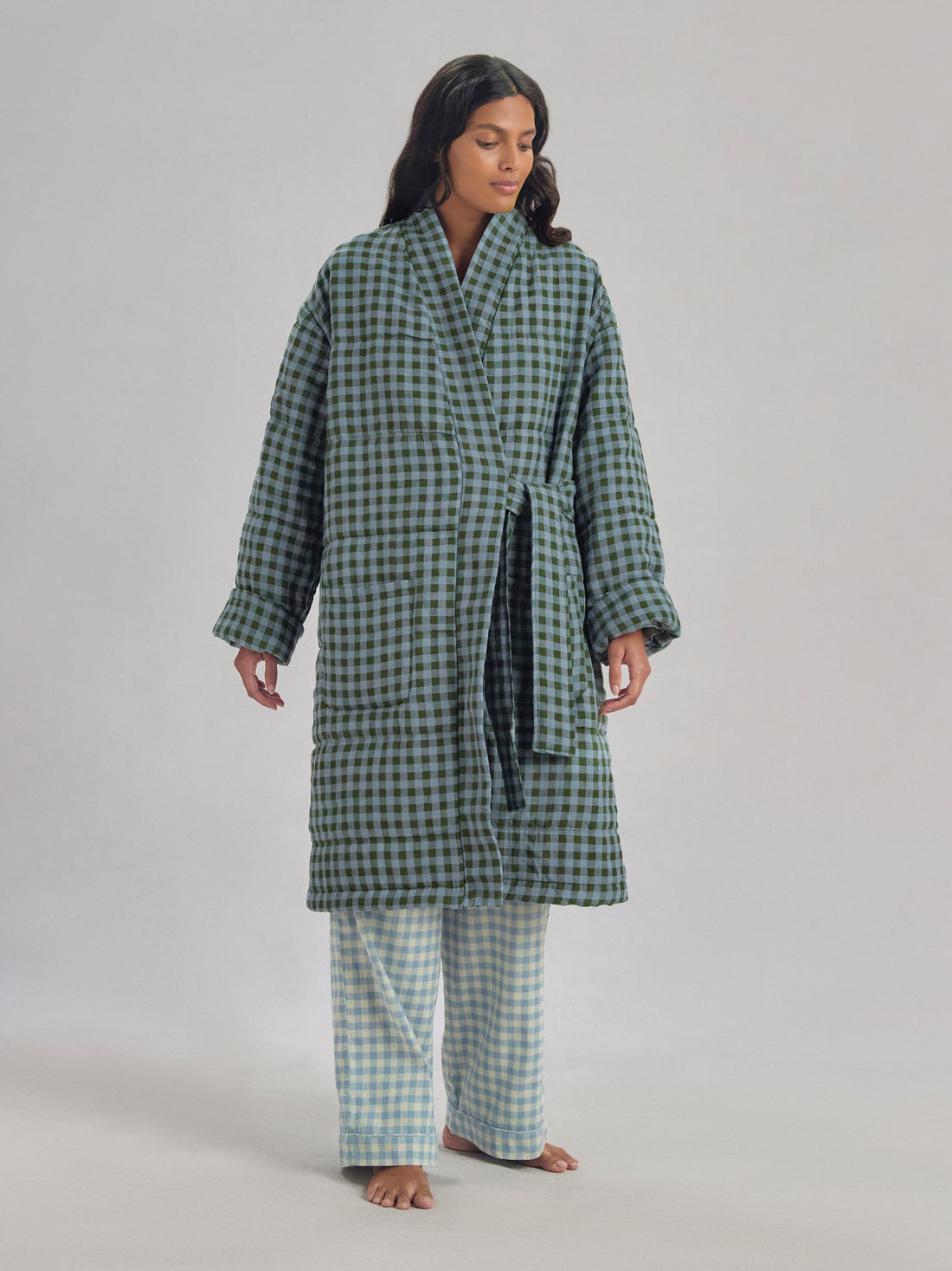 Fern Green & Dusk Blue Colour Drenched Gingham Linen Blend Housecoat ...