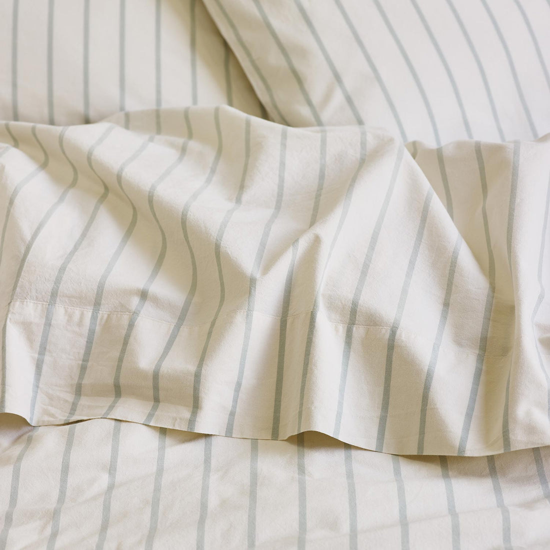 Mellow Green Slumber Stripe Cotton Duvet Cover | Piglet in Bed UK