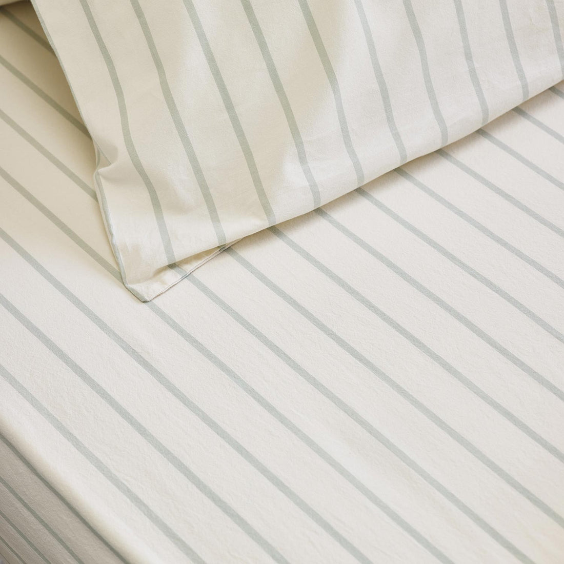 Mellow Green Slumber Stripe Cotton Duvet Cover | Piglet in Bed UK