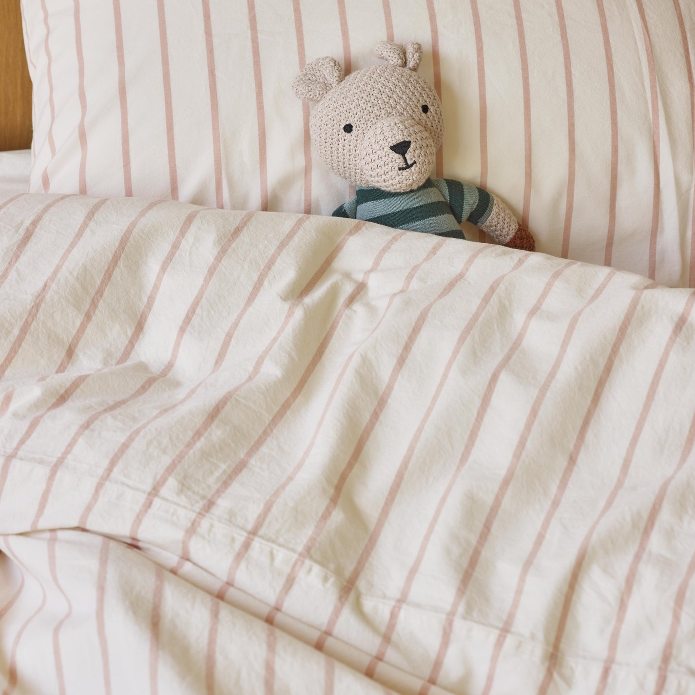 Blush Pink Slumber Stripe Kids Cotton Bedding Set | Piglet in Bed UK