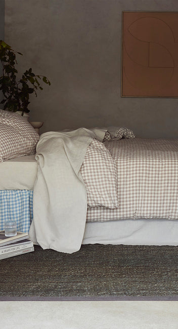Mushroom Gingham Linen Blend Duvet Cover | Piglet in Bed UK