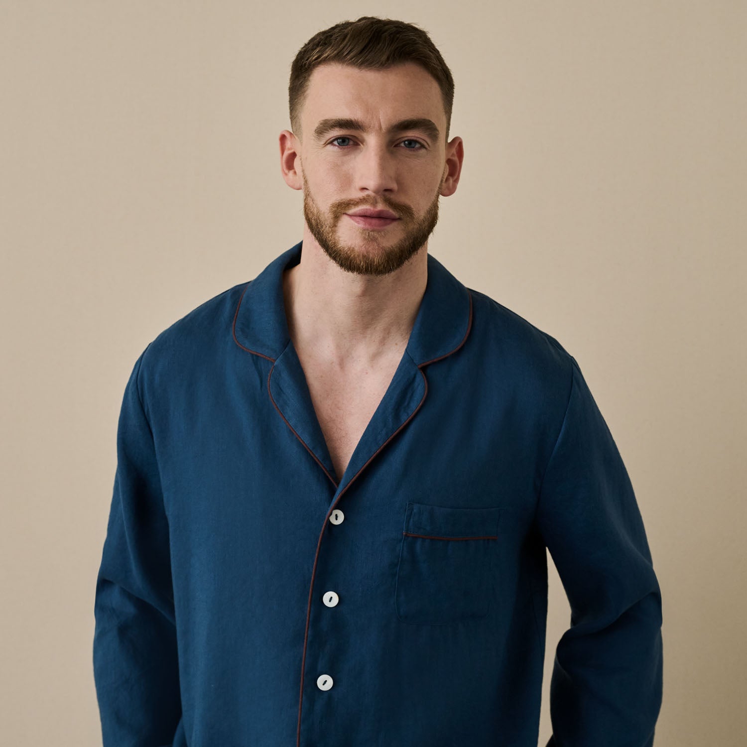 Marine Blue Linen Men's Pyjama Shirt | Piglet in Bed UK