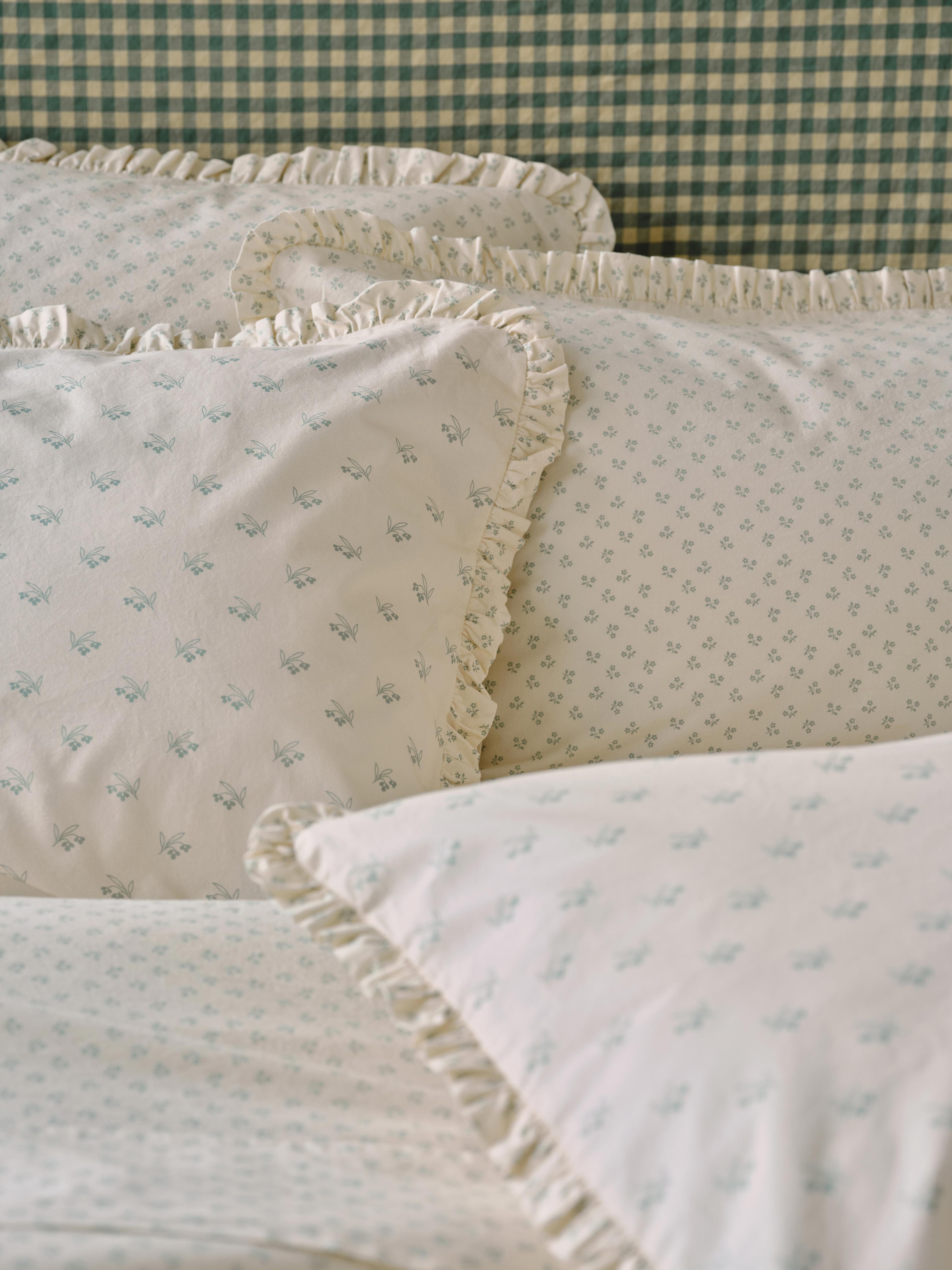 Mellow Green Martha Floral Cotton Frill Pillowcases (Pair) | Piglet in ...