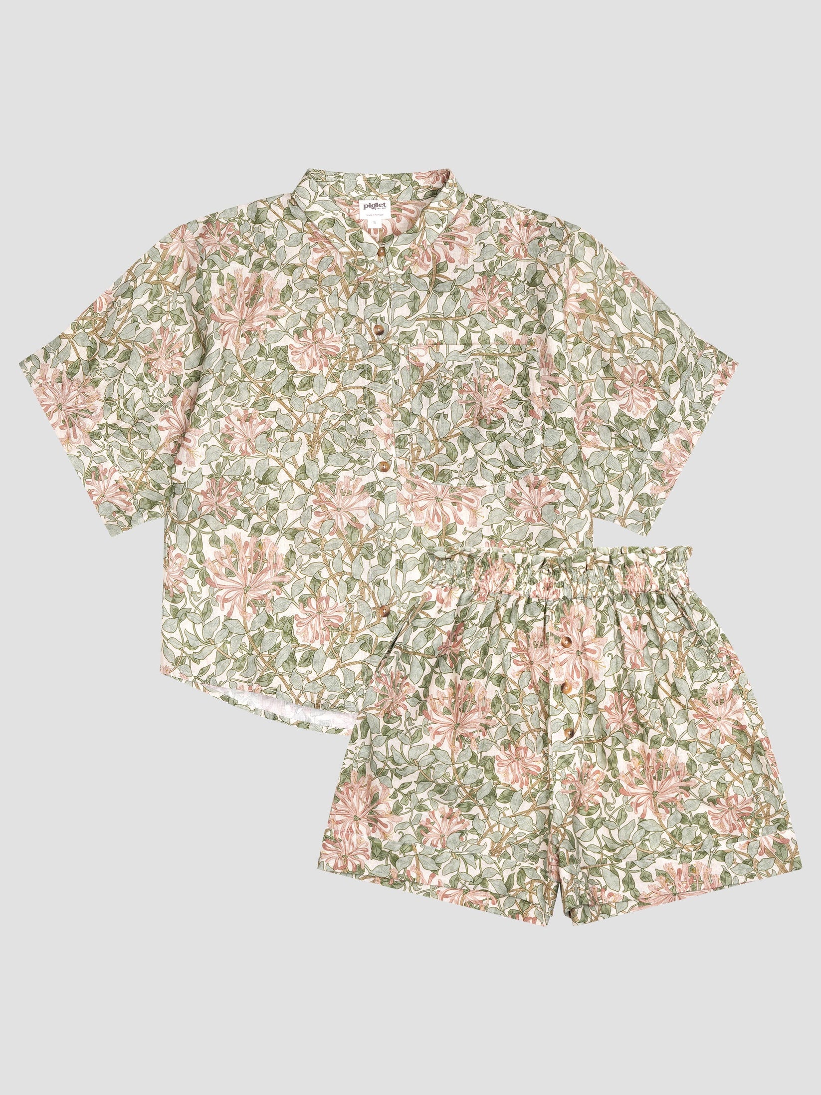 Soft Sage Honeysuckle Linen Women’s Pyjama Shorts Set | Piglet in Bed UK