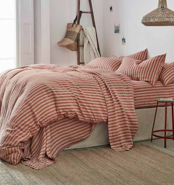 Sandstone Red Pembroke Stripe Linen Blend Duvet Set | Piglet in Bed UK
