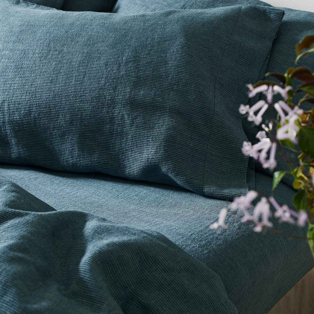 Pine Green Pembroke Stripe Linen Fitted Sheet | Piglet in Bed UK