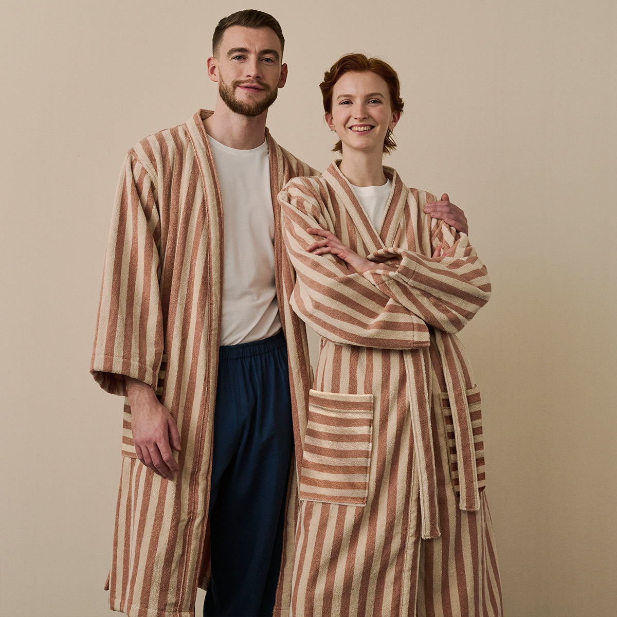 Sand Shell Pembroke Stripe Cotton Robe | Piglet in Bed UK