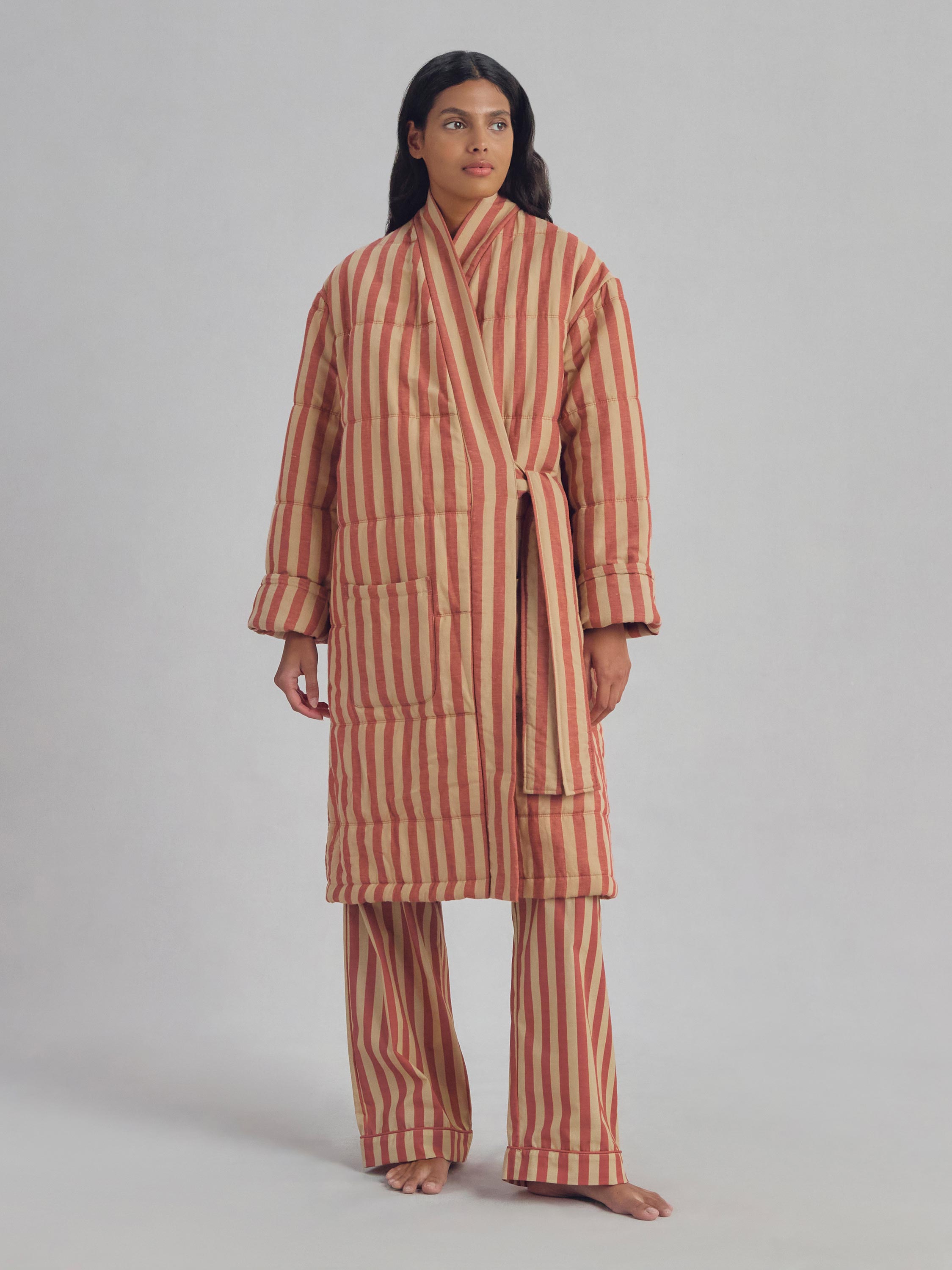 Sandstone Red Pembroke Stripe Linen Blend Housecoat | Piglet in Bed UK