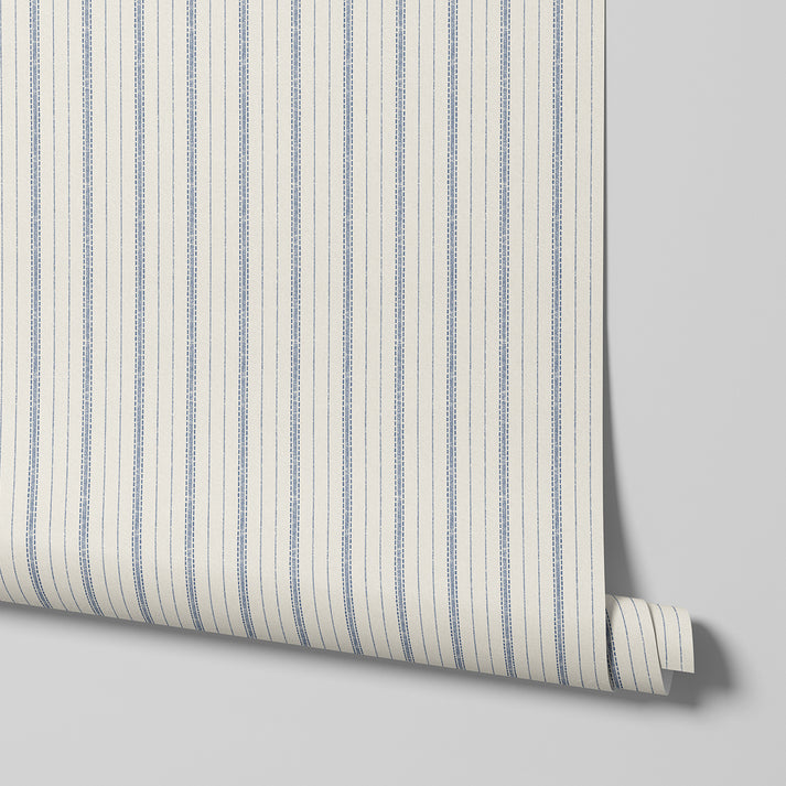 Denim Blue Ticking Stripe Wallpaper | Piglet in Bed UK