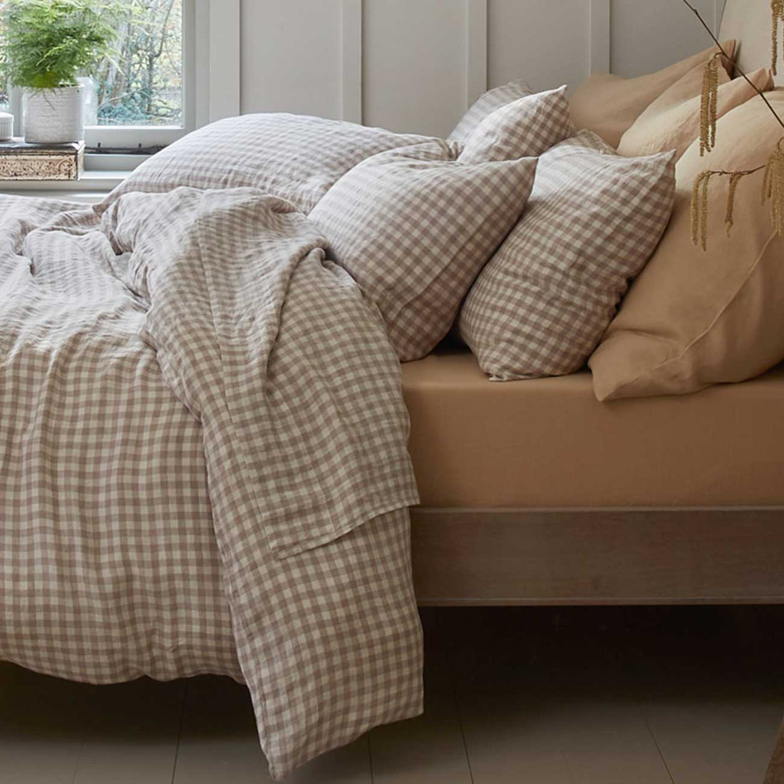 Mushroom Gingham Linen Blend Duvet Cover | Piglet in Bed UK